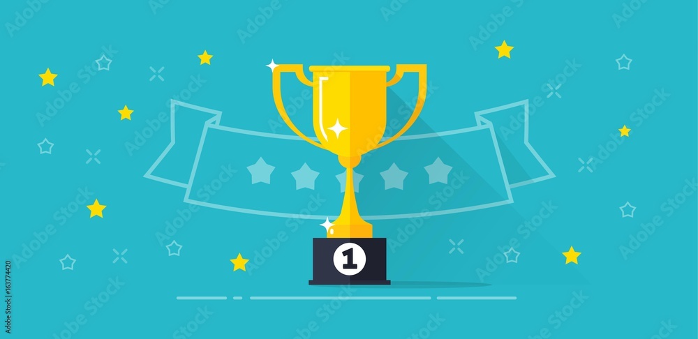 Winner award banner vector illustration, flat cartoon trophy golden cup ...