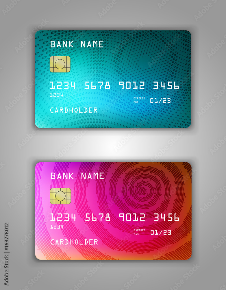 Vector set Realistic credit bank card mockup. gradient spiral pattern ...
