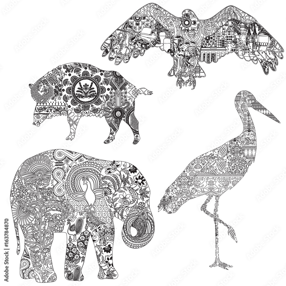4 animals symbolizing different countries. An elephant with Indian ...