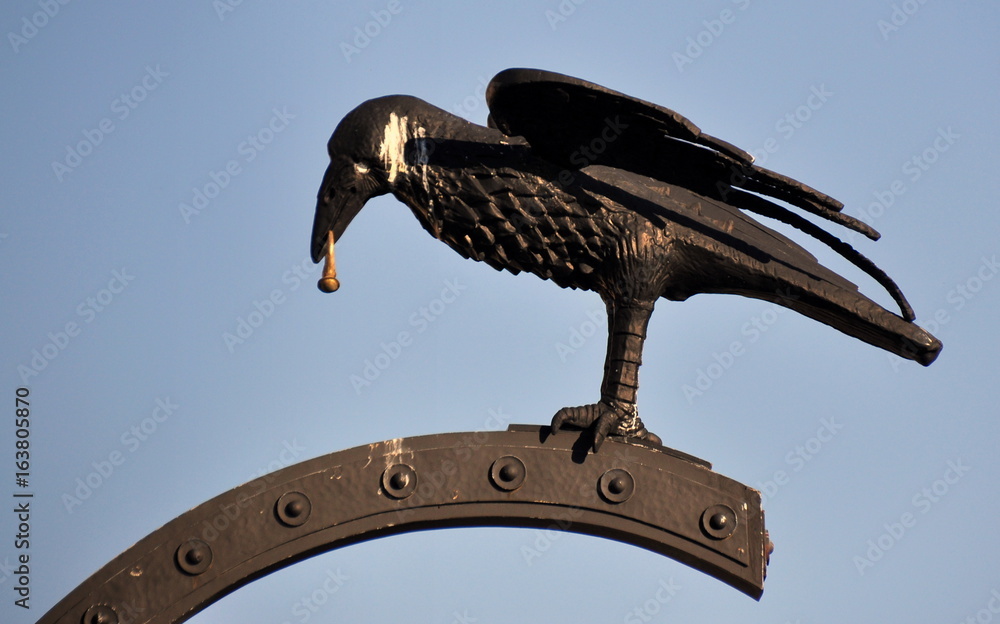 Rabe mit dem Ring im Schnabel - Wappen von König Corvinus vor strahlend ...