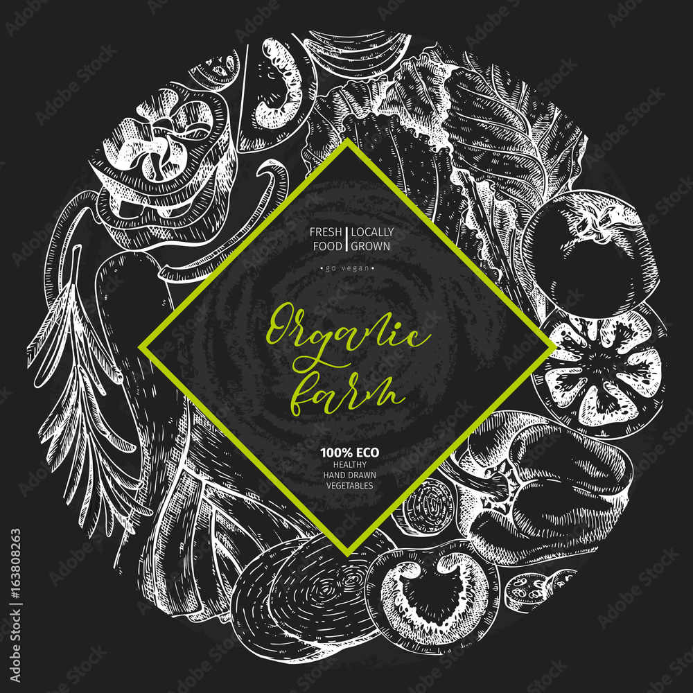 Vector hand drawn farm vegetables. Round border composition. Tomato ...