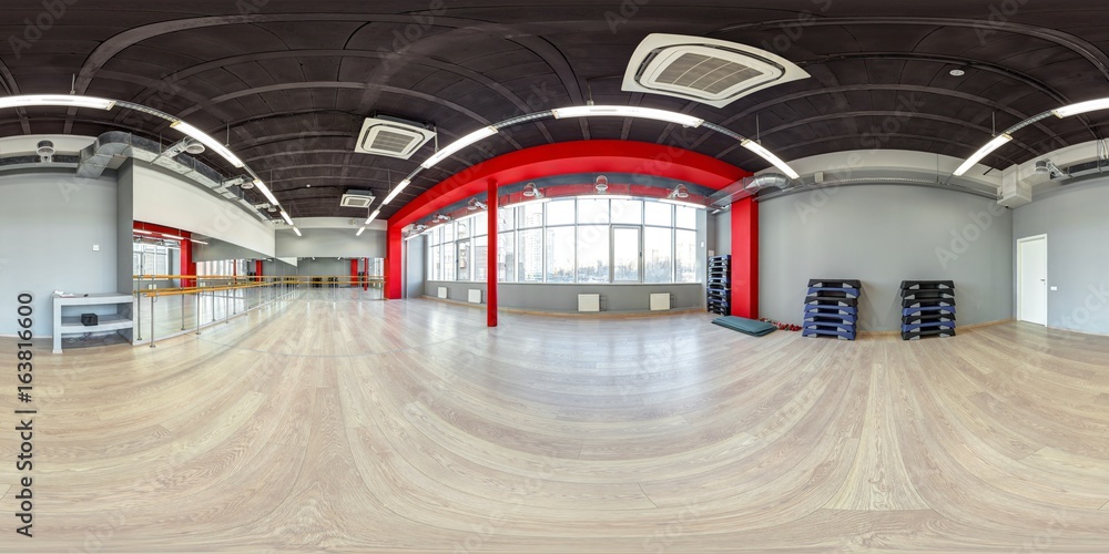 Empty bright modern hall for fitness gym with big panorama windows ...