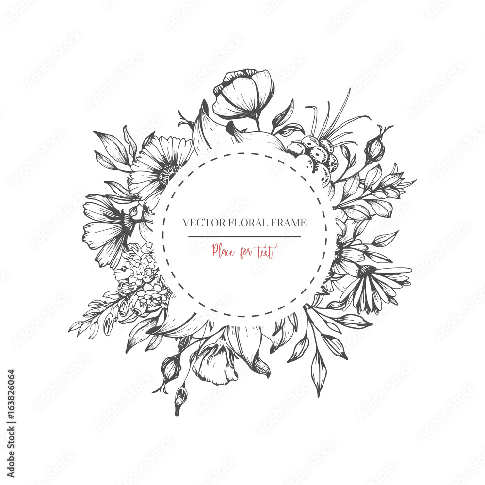 Hand drawn flower round frame. Vector floral wedding design in sketch ...