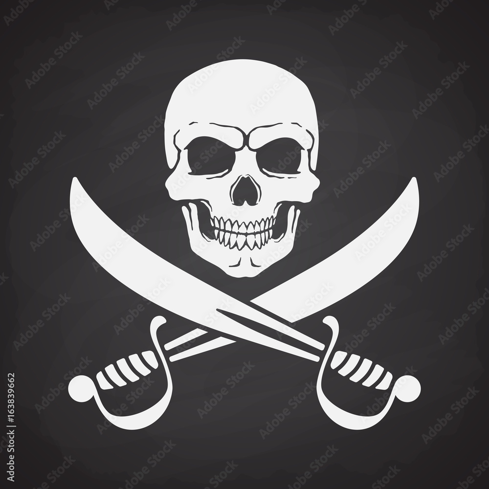 Silhouette of skull Jolly Roger with crossed sabers at the bottom on ...