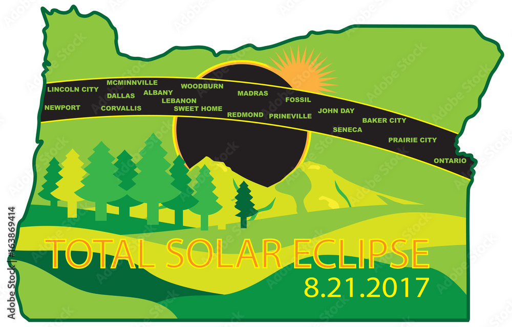 2017 Total Solar Eclipse Across Oregon Cities Map vector Illustration ...