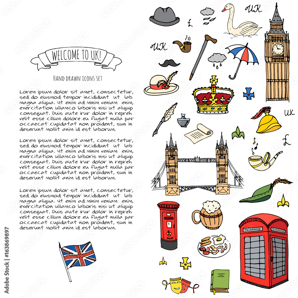 Hand drawn doodle United Kingdom set Vector illustration UK icons ...