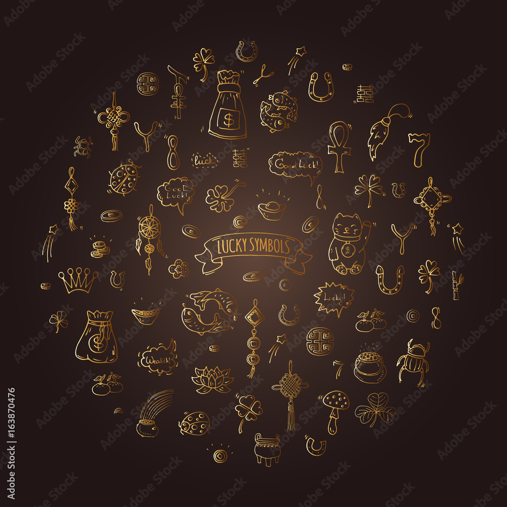 Hand drawn doodle Lucky symbols icon set Vector illustration isolated ...