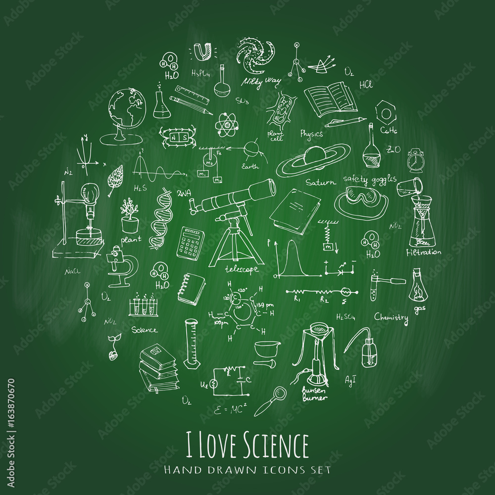 Freehand drawing school items. Science Lesson concept. Hand drawing set ...