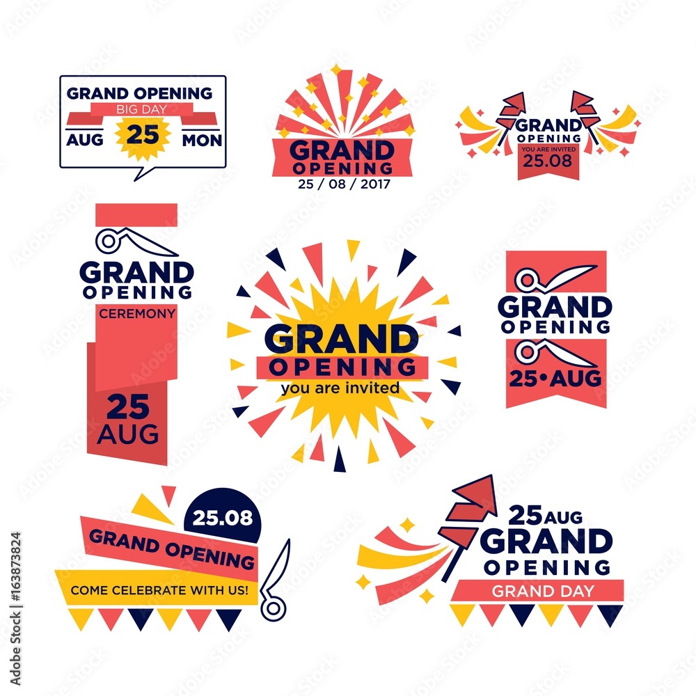 Grand opening ribbon band vector icons for celebration or open shopping ...