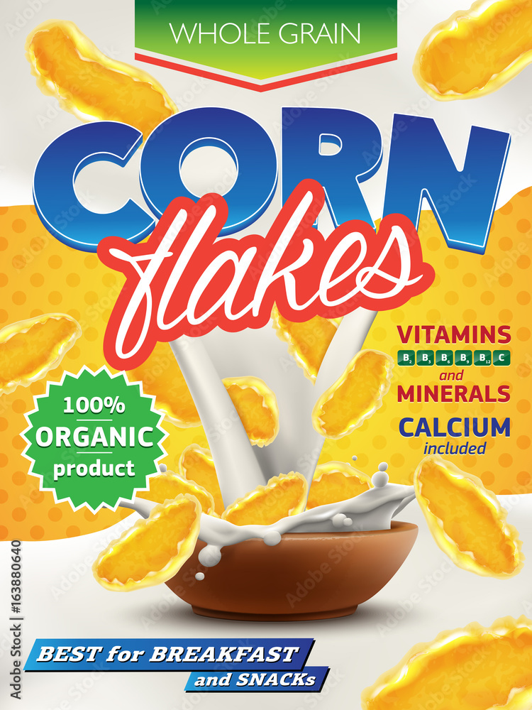 Realistic corn flakes ad illustration with big milk splash. High ...