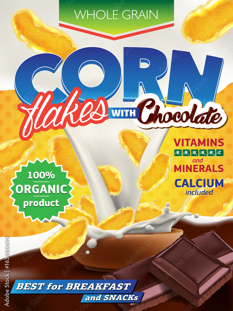 Realistic corn flakes ad illustration with big milk splash and chopped ...