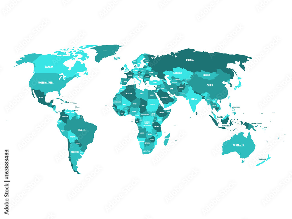 Political map of World in shades of turquoise blue with white country ...