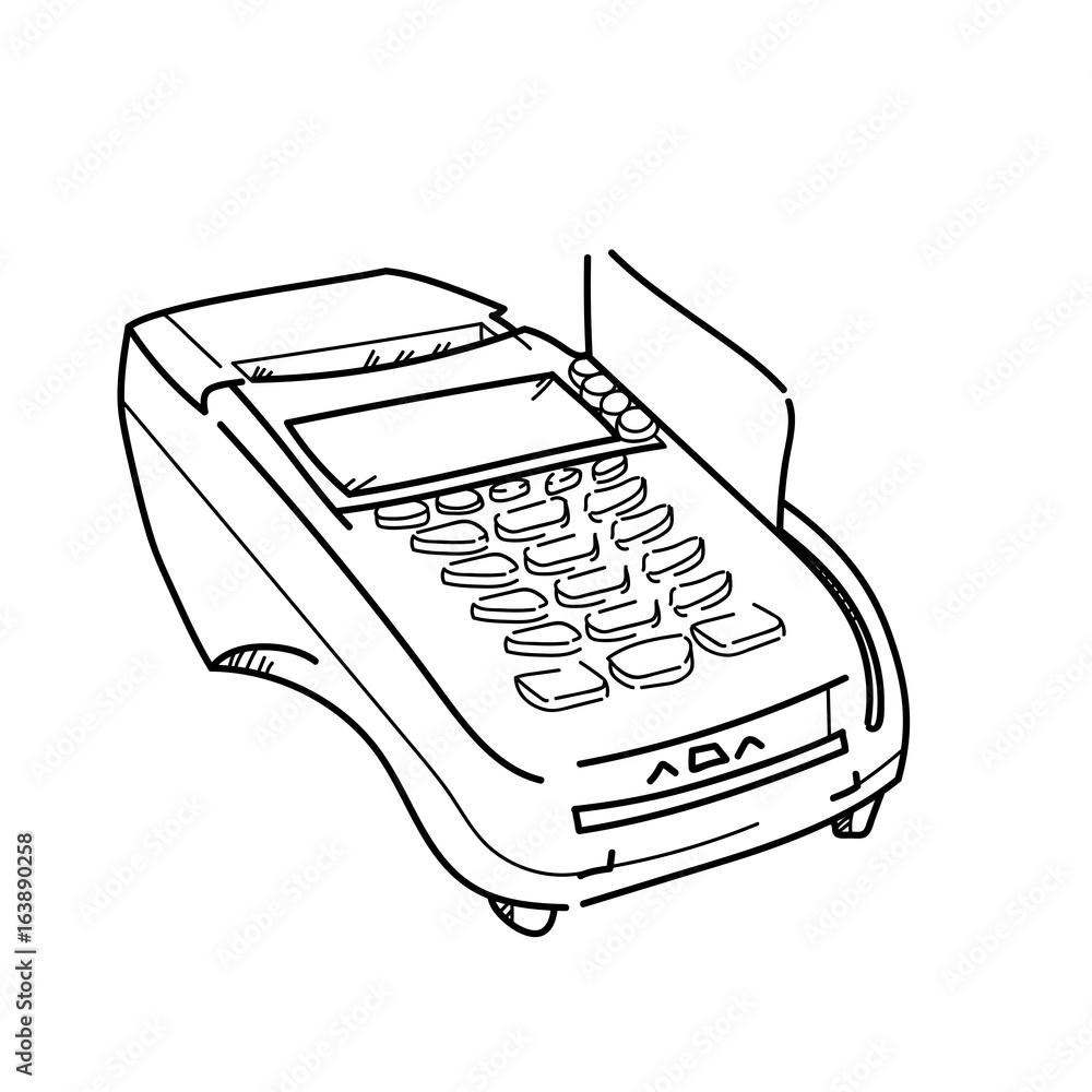 Credit card machine freehand drawing illustration on white background ...