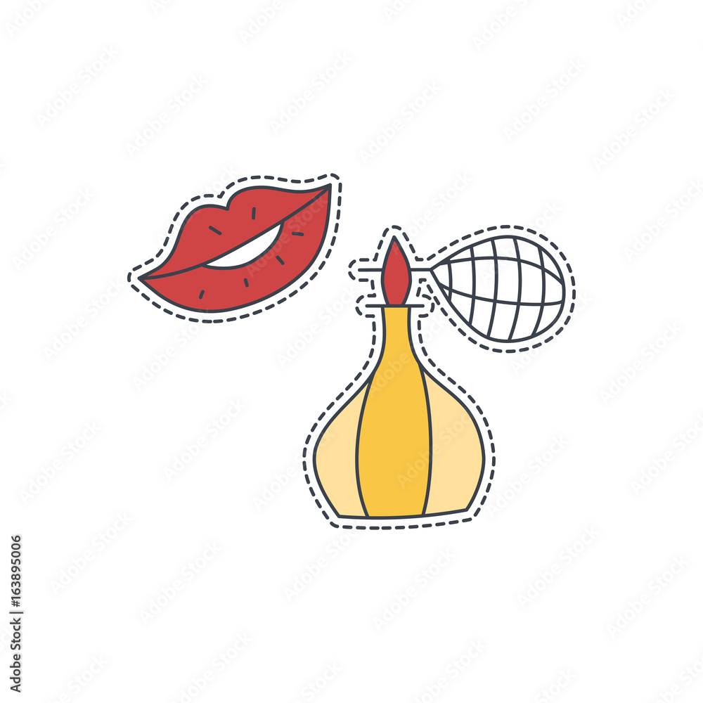Hand drawn patch badge with France symbol - perfume and lips icons ...