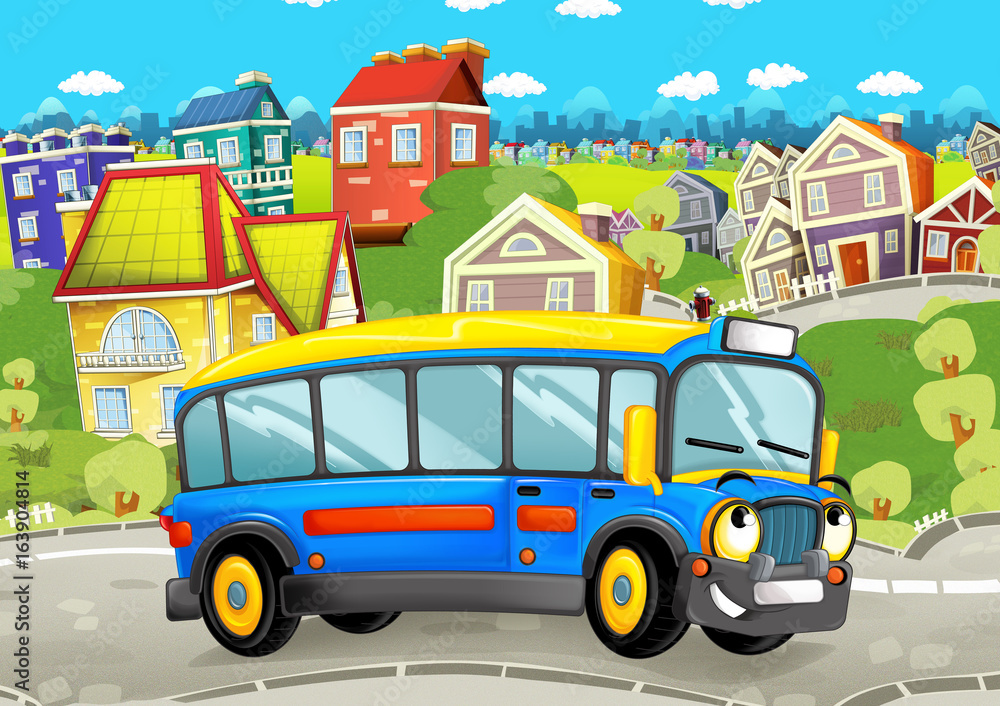 happy and funny cartoon bus looking and smiling driving through the ...