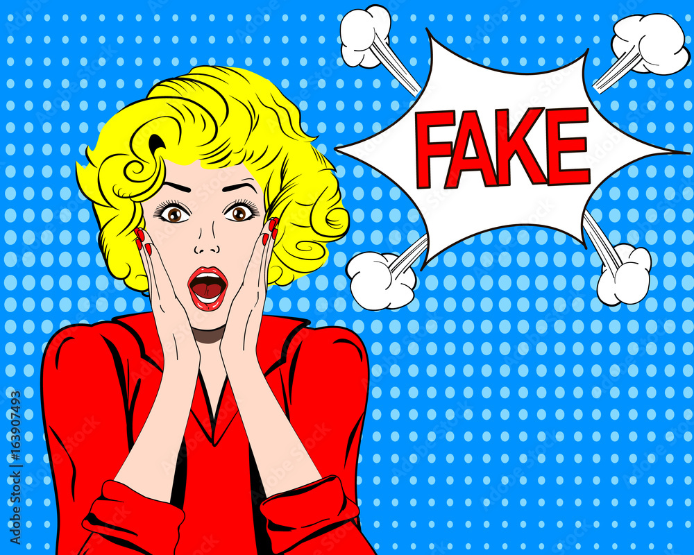 Fake news, HOAX concept. Young blonde woman shocked and surprised. pop ...
