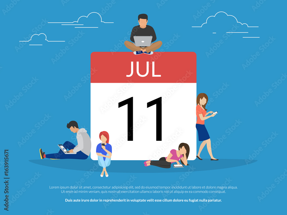 Calendar symbol with people concept flat vector illustration of young ...