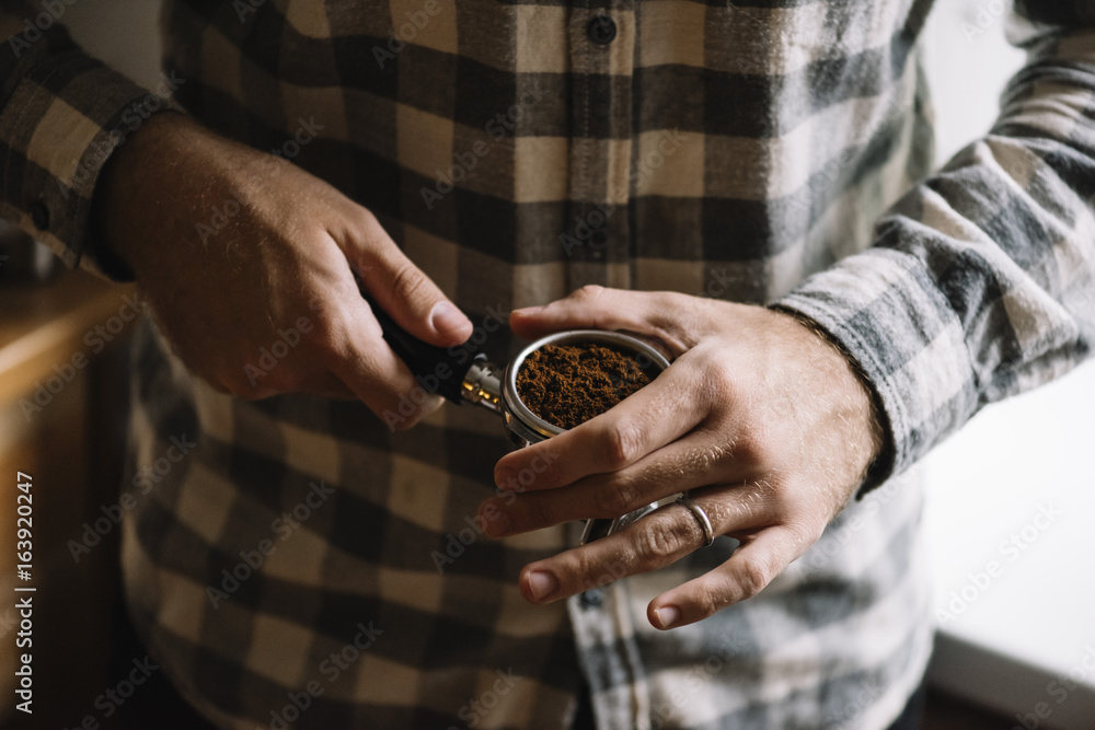 The process of making coffee step by step. Man is performing coffee ...