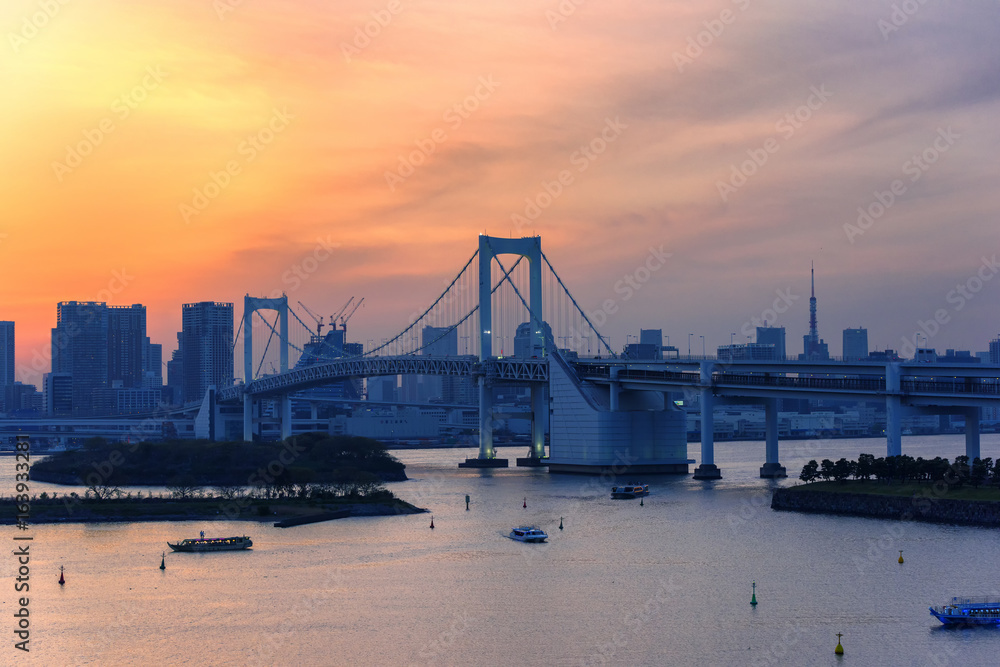 Bird eye view of Rainbow Bridge from Odaiba . Odaiba is a popular ...
