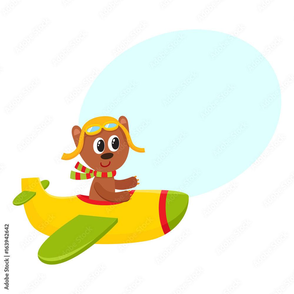 Cute little teddy bear pilot character flying on airplane, cartoon ...