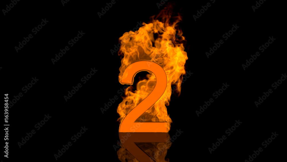 Flaming Number Two Centred on Black Background with Reflection Stock ...