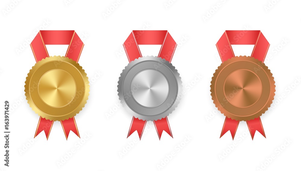 Set of vector labels gold, silver and bronze with ribbons with red and ...