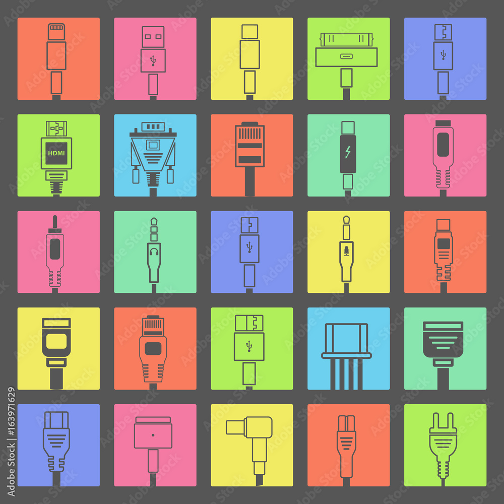 Electric plug, connectors and jack flat line icons set. Collection ...