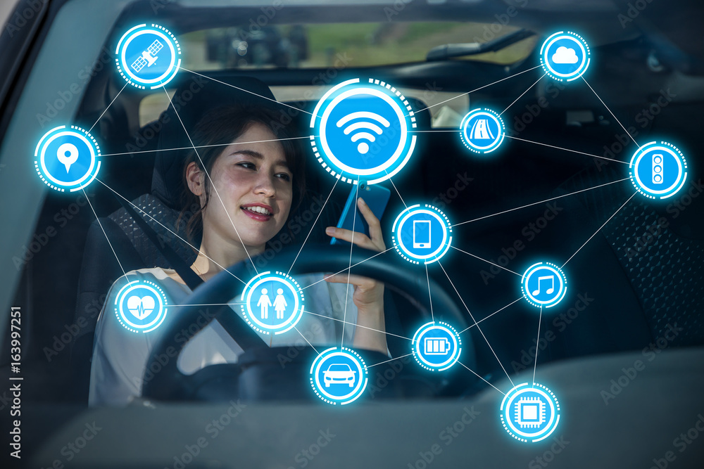 car interior and wireless communication network. Internet of Things ...
