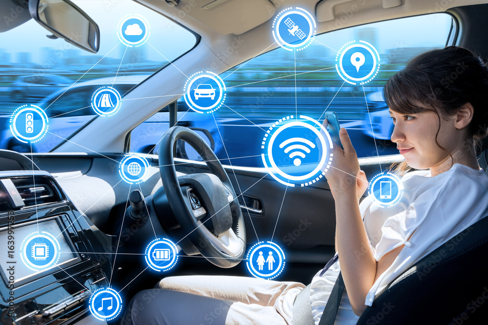 car interior and wireless communication network. Internet of Things ...
