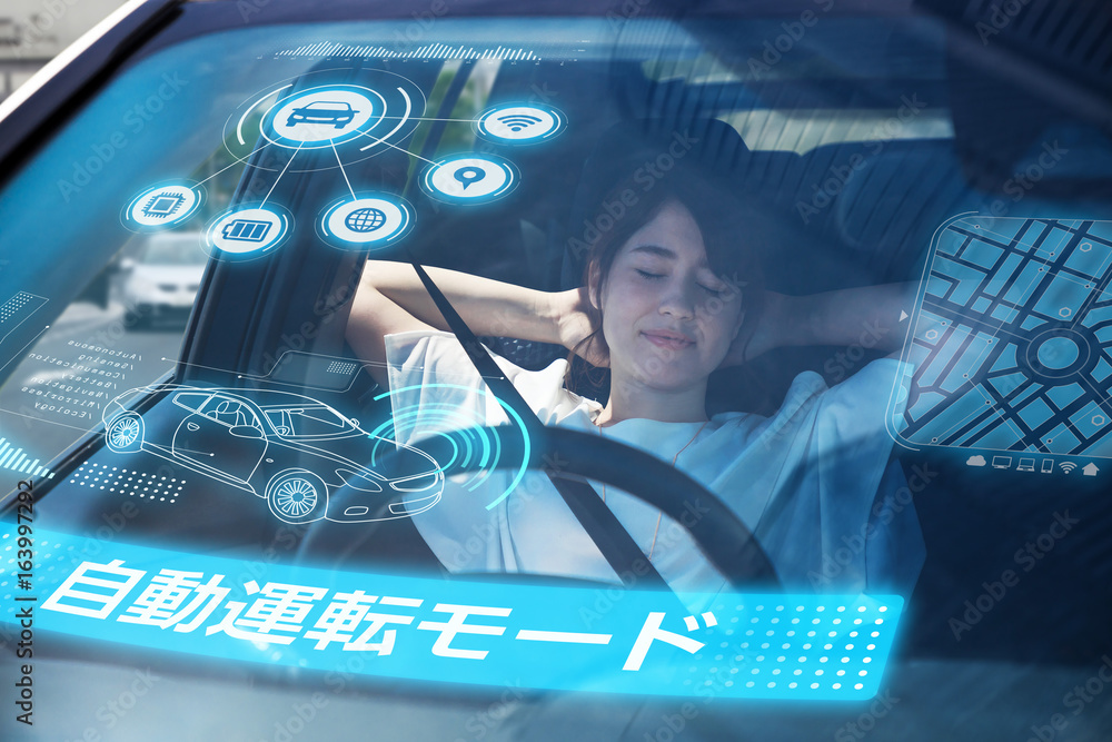 sleeping woman in autonomous car. Driverless car. Self-Driving car. UGV ...