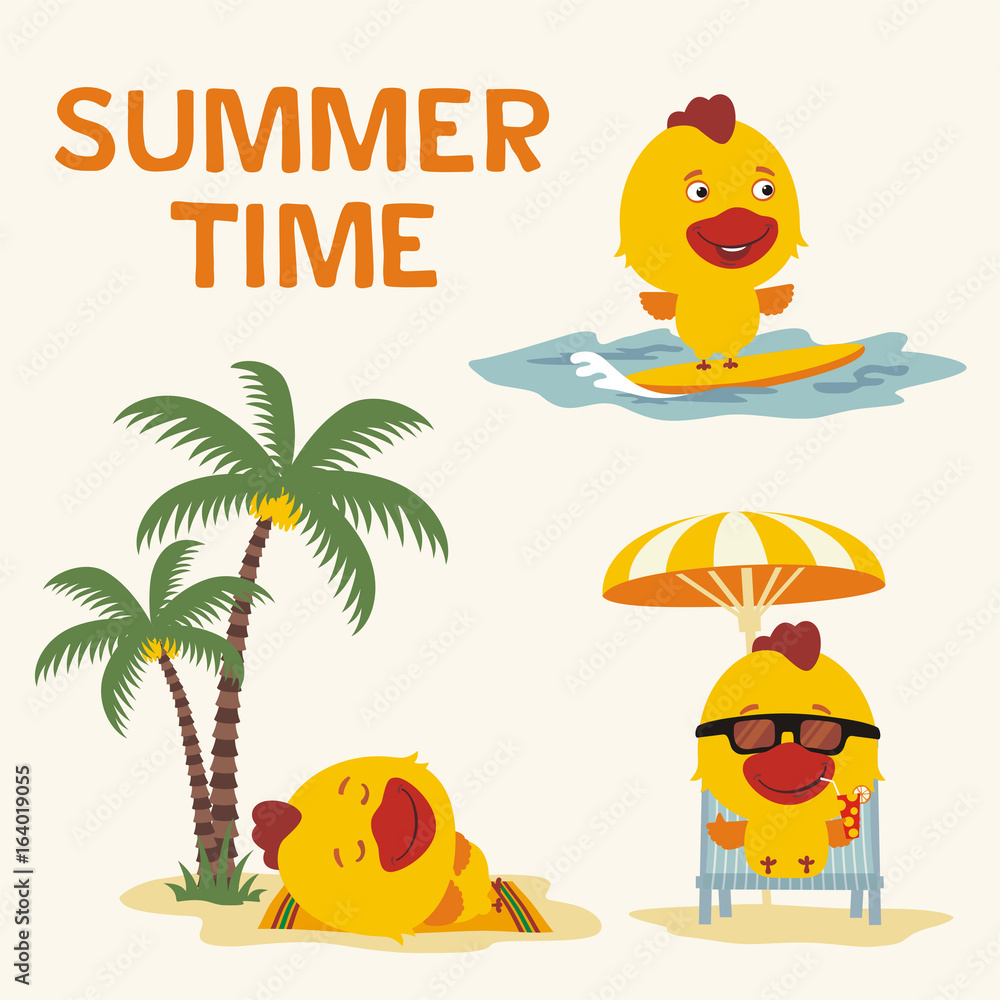 Summer time. Set little chicken resting on beach. Collection cartoon ...