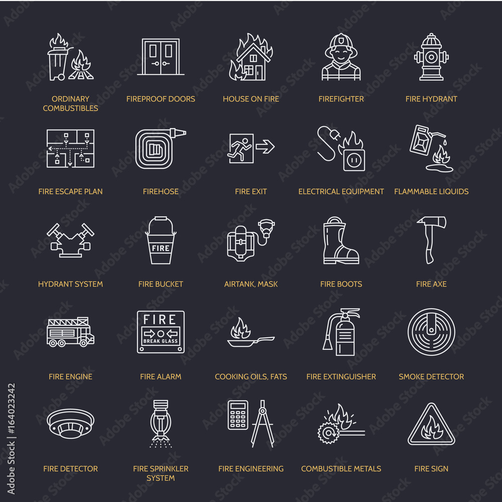 Firefighting, fire safety equipment flat line icons. Firefighter, fire ...