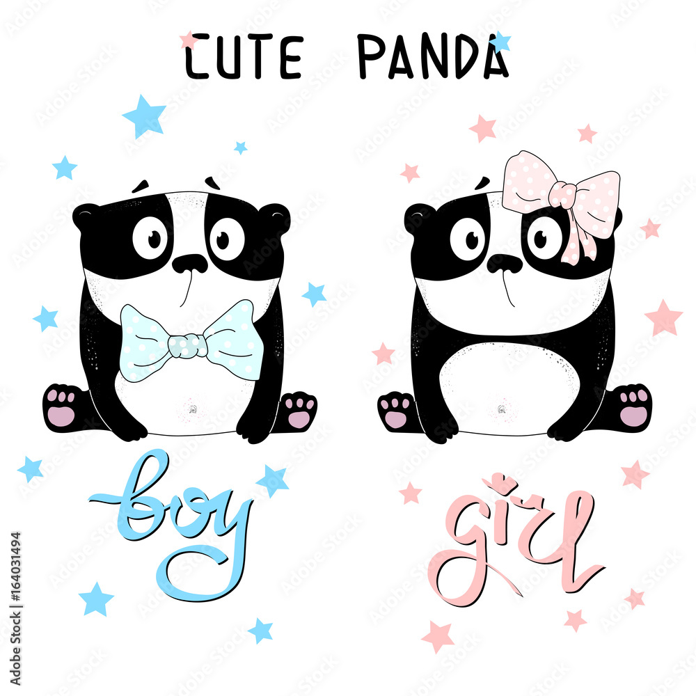 vector cartoon style cute panda boy and girl illustration set Stock ...