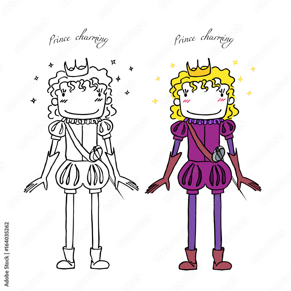 Hand drawn illustration of a happy cartoon prince charming with wavy ...