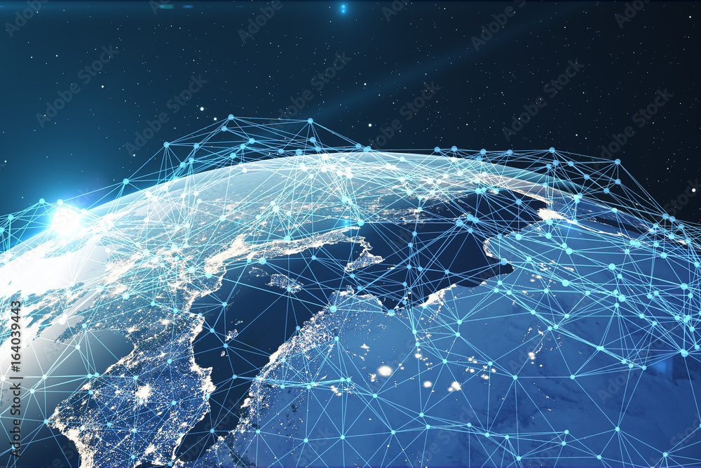 3D rendering Network and data exchange over planet earth in space ...