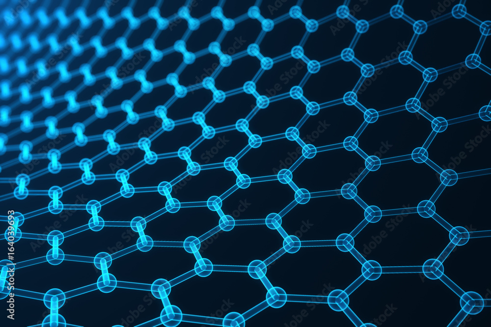 3d rendering nanotechnology, glowing hexagonal geometric form close-up ...