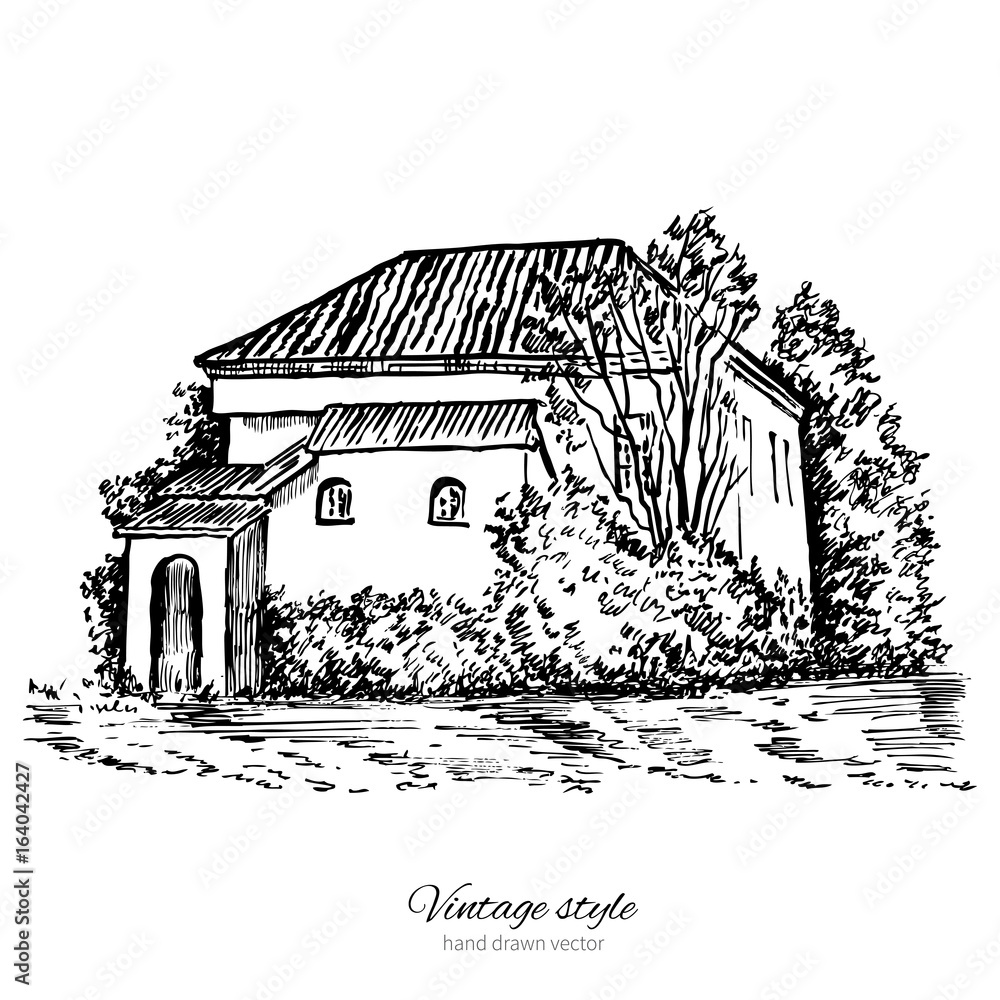 Vintage vector sketch tile old european house, mansion, Historical ...