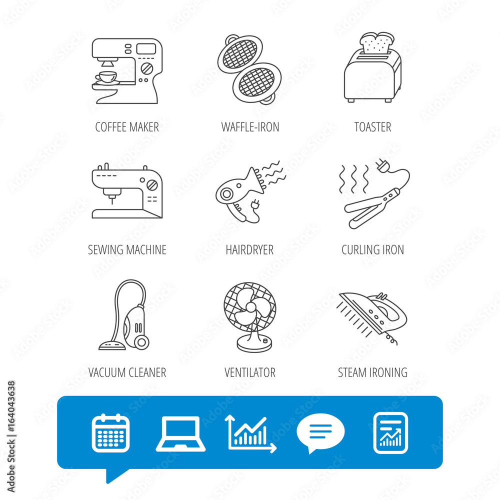 Coffee maker, sewing machine and toaster icons. Ventilator, vacuum ...