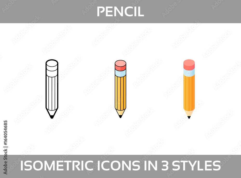 Simple Vector Icons of a classic pencil in three styles. Isometric ...