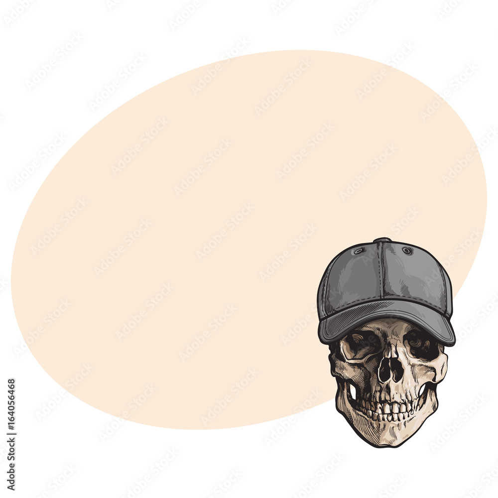 Hand drawn human skull wearing grey colored unlabelled baseball cap ...