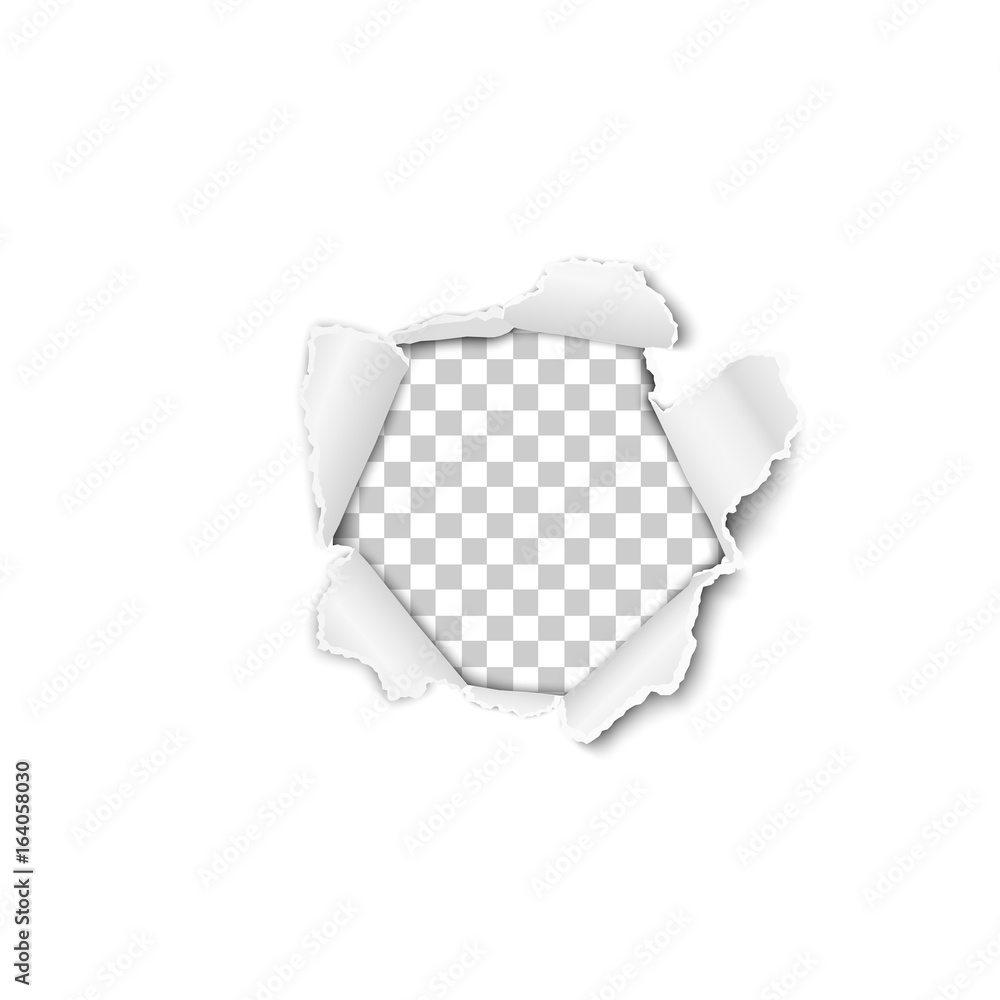Torn hole in the sheet of white paper. Transparent background of the ...