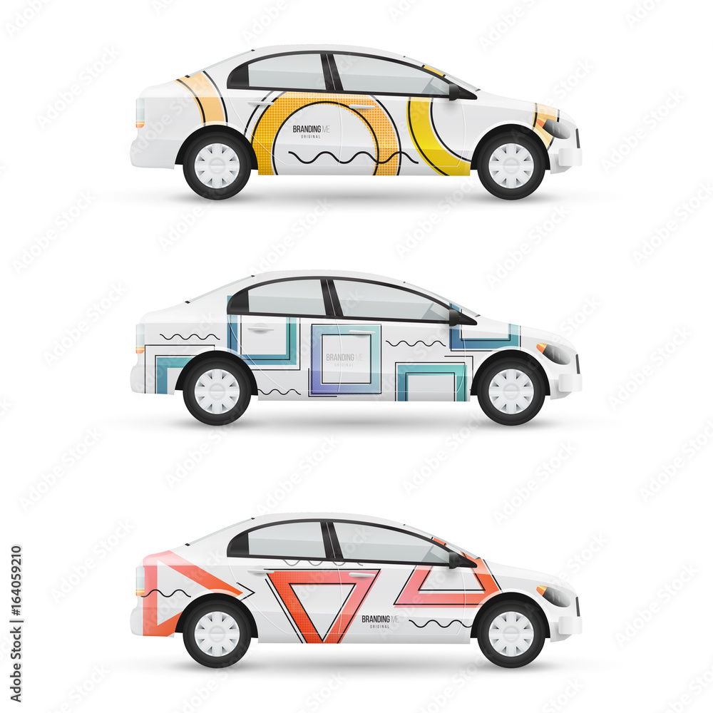Mockup of white passenger car. Set of design templates for transport in ...
