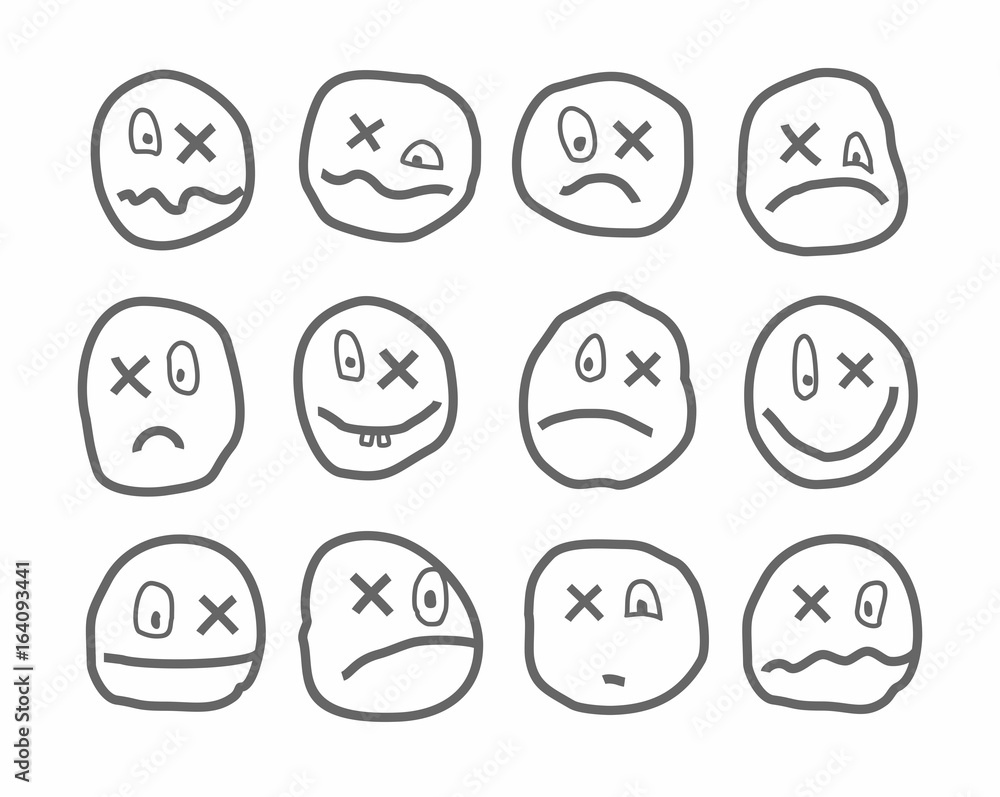Memes, emotions, vector icons, round, with a cross. Different emotions ...