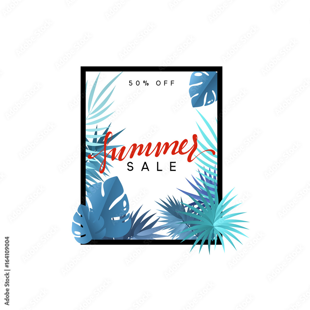 Summer design frame layout. Poster sale with palm branches. Banner with ...