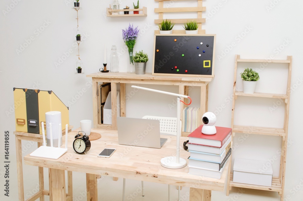 modern interior office room working space with laptop computer wooden ...