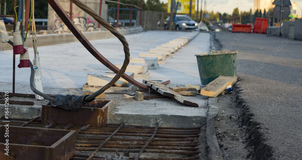 Reinforcement of concrete work. Using steel wire for securing steel ...