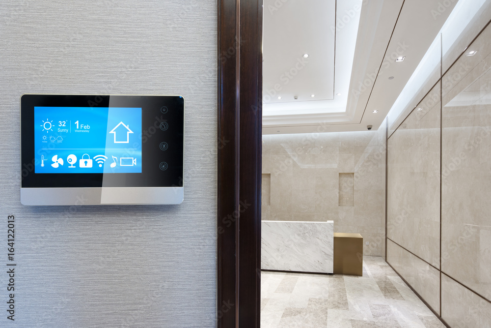 smart screen on wall with reception desk Stock Photo | Adobe Stock