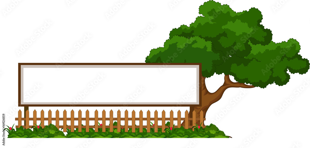 Cartoon big green tree isolated on white blanks sign. Vector ...