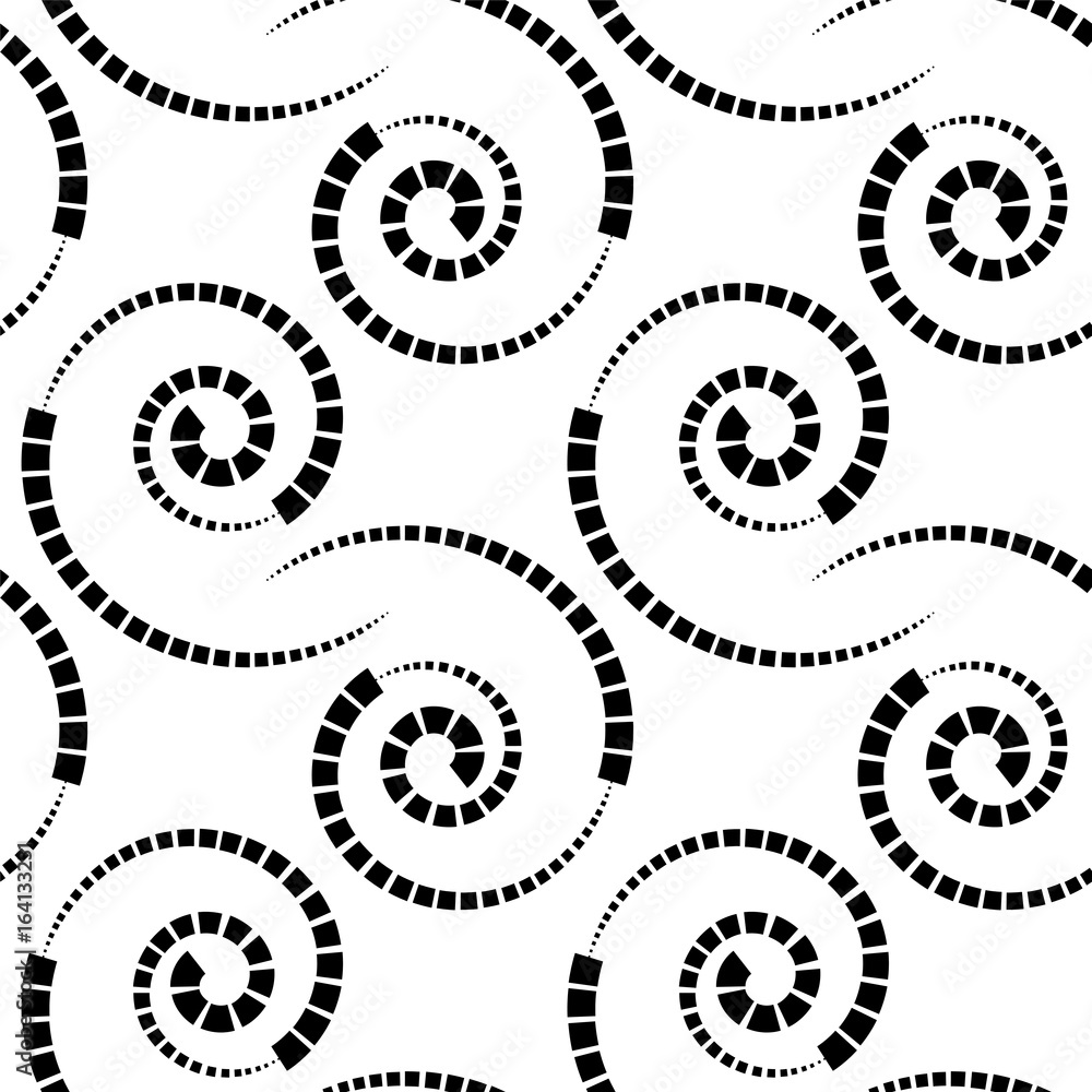 Seamless pattern. Simple spiral swirls made of different square dots ...