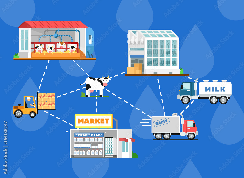 Eco milk production processing scheme. Modern cow farm, transportation ...